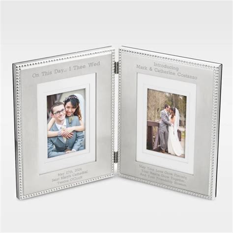 Engraved Wedding Silver Beaded Double Picture Frame Custom Photo Frame