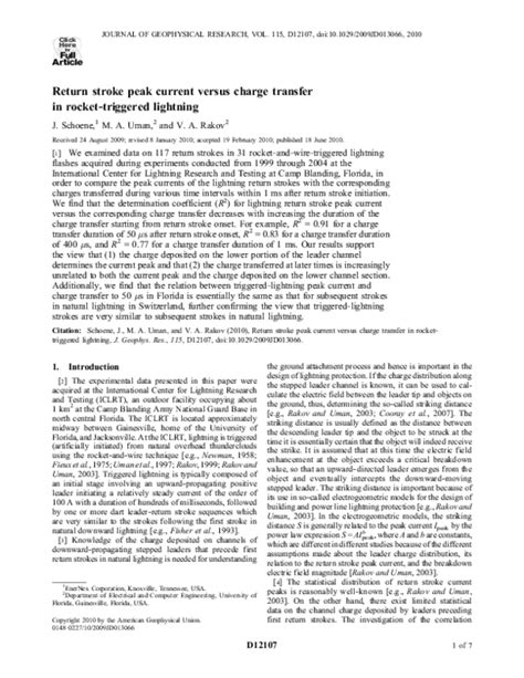Pdf Return Stroke Peak Current Versus Charge Transfer In Rocket
