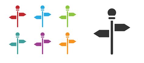 검은 도로 교통 표지판 흰색 배경에 격리된 표지판 아이콘입니다 포인터 기호입니다 거리 정보 표지판 방향 기호입니다 다채로운 아이콘을 설정합니다 벡터 간판에 대한 스톡 벡터