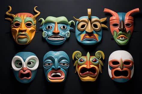 premium ai image a series of masks with exaggerated expressions