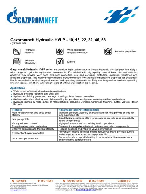 Gazpromneft Hydraulic HVLP - 10, 15, 22, 32, 46, 68 | PDF | Chemical ...