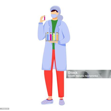 마스크 보호 플랫 벡터 일러스트와 실험실 코트의 과학자 의학 화학을 공부 실험 수행 흰색 배경에 시험관 고립 만화 캐릭터를 가진 여자 가공의 인물에 대한 스톡 벡터 아트 및