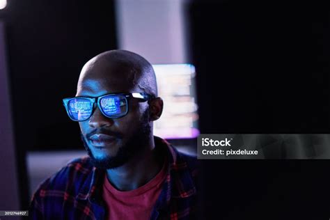 Cyber Security Black Man And Code Reflection In Eyewear Hacking And Software Update In Office ...