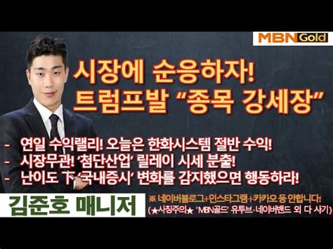 Mbn골드 김준호매니저 시장에 순응하자 트럼프발 종목 강세장” 241112