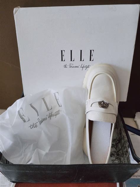 ELLE Branded Light Weight Eather Loafer White Thick Heels Platforms Size Women S Fashion
