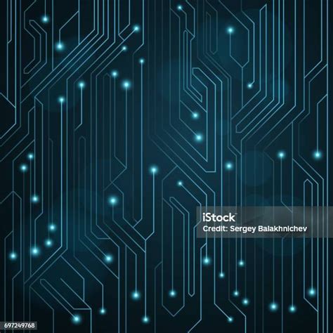 첨단 컴퓨터 보드 Led와 빛나는 네온 커넥터에서에서 파란색의 배경 컴퓨터 회로입니다 큰 전자 네트워크입니다 벡터 일러스트입니다
