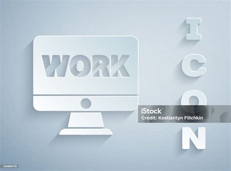 회색 배경에서 텍스트 작업 아이콘이 격리된 용지 절단 컴퓨터 모니터입니다 종이 아트 스타일 벡터 일러스트레이션 3차원 형태에 대한 스톡 벡터 아트 및 기타 이미지 Istock