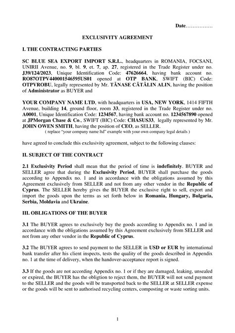 Exclusivity Agreement Model Blue Sea Export Import Srldoc Docdroid