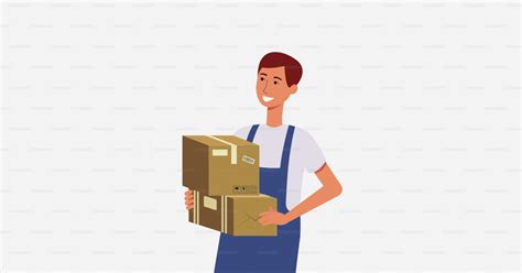 배달원 유니폼을 입은 남성 택배가 골판지 상자를 들고 웃고 있다 소포를 배달하는 우체국 노동자 직업을 가진 만화 캐릭터 흰색