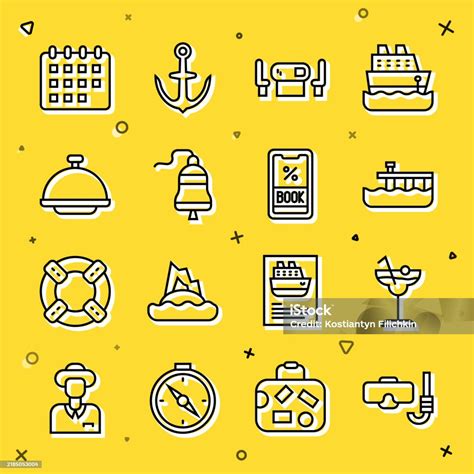 세트 라인 다이빙 마스크 및 스노클 칵테일 해변 부두 선착장 포커 테이블 선박 벨 트레이로 덮여 있음 달력 및 크루즈 티켓 아이콘 벡터 가리기에 대한 스톡 벡터 아트 및