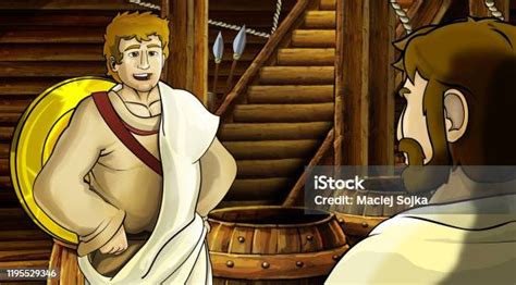 황금 방패와 나무 선박 챔버 내부 로마 또는 그리스 고대 문자와 만화 장면 건축에 대한 스톡 벡터 아트 및 기타 이미지 건축 계단 및 층계 고대의 Istock