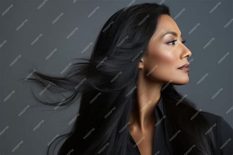 Middle Aged Multiracial Woman With Perfect Long Black Hair Portrait