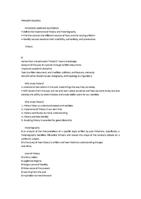 Primary Sources Primary Sources Intended Learning Outcomes Define The Importance Of History