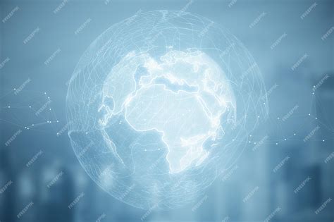 흐릿한 도시 배경 세계 지도 및 지구 개념 3d 렌더링에 추상 빛나는 다각형 지구본 프리미엄 사진