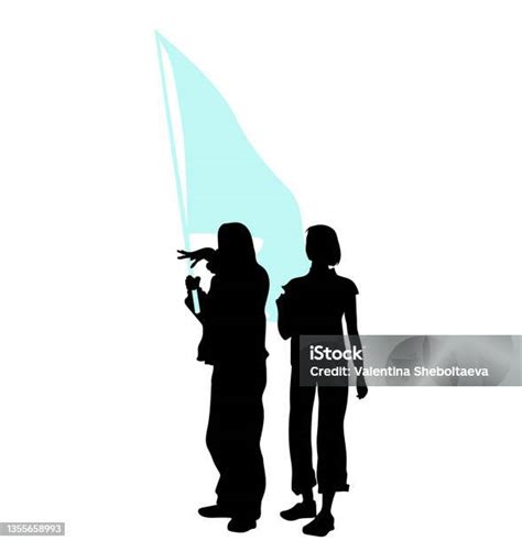 흰색 배경에 고립 된 파란색 플래그와 두 여자의 벡터 검은 실루엣 2명에 대한 스톡 벡터 아트 및 기타 이미지 2명 검은색 공연 Istock