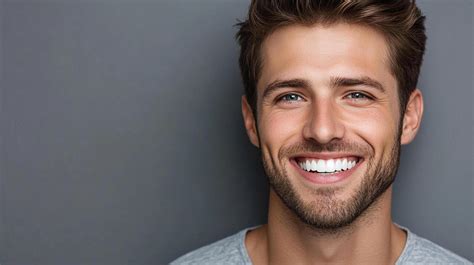 Radiant Smile Of A Young Man With Light Brown Hair Against A Simple