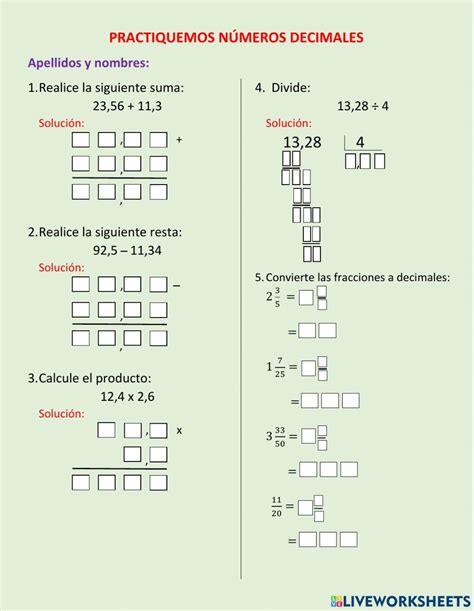 Decimales Online Exercise For Quinto De Primaria Live Worksheets
