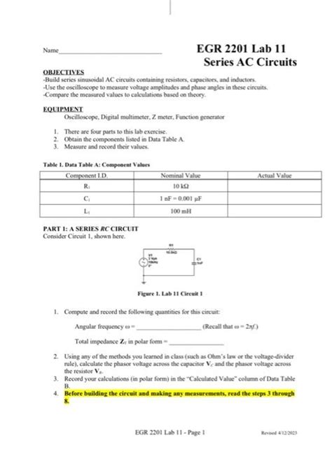 Solved Name EGR 2201 Lab 11 Series AC Circuits OBJECTIVES Chegg Com