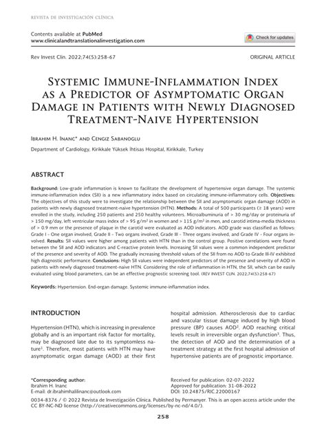Pdf Systemic Immune Inflammation Index As A Predictor Of Asymptomatic
