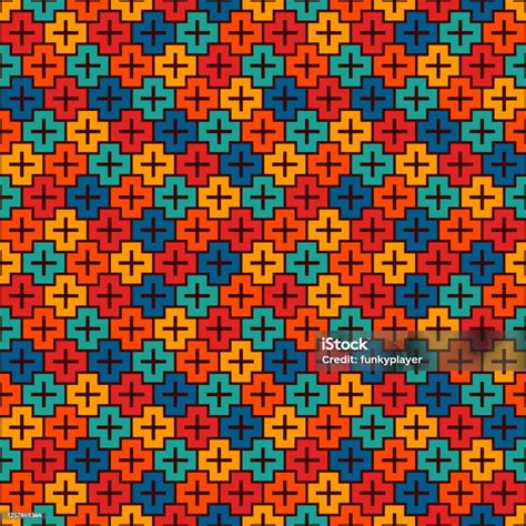 반복 퍼즐 모자이크 추상적 인 배경 간단한 기하학적 장식으로 매끄러운 패턴 밝은 아이 표면 질감 더하기 기호에 대한 스톡 벡터