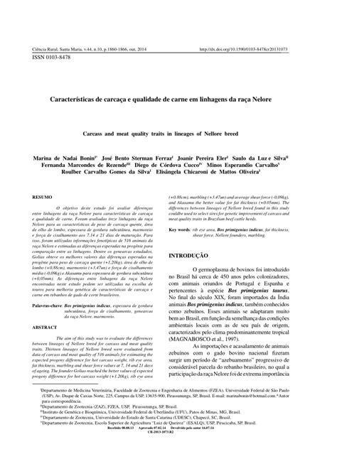 Pdf Carcass And Meat Quality Traits In Lineages Of Nellore Breed