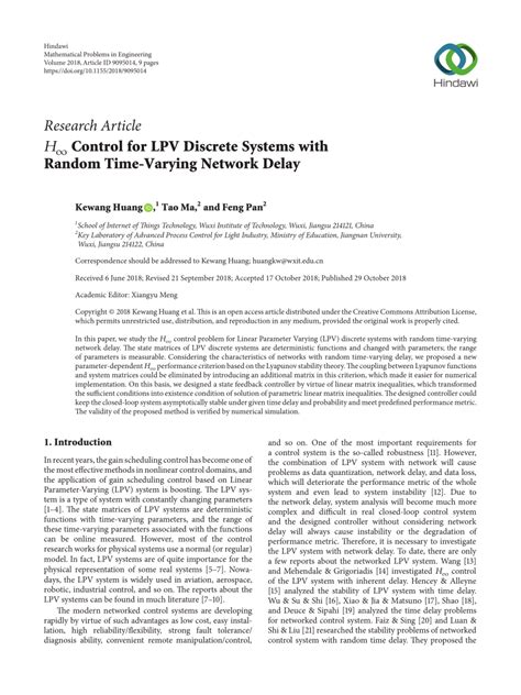 Pdf H ∞ Control For Lpv Discrete Systems With Random Time Varying