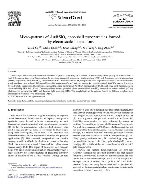 Pdf Micro Patterns Of Au Sio2 Core Shell Nanoparticles Formed By Electrostatic Interactions