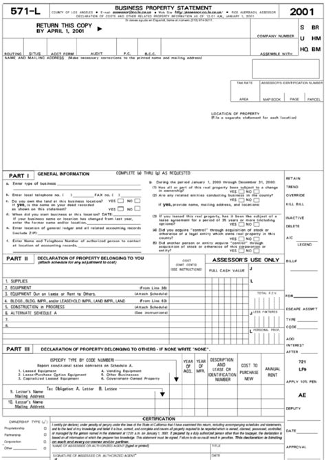 Form 571 L Business Property Statement 2001 Printable Pdf Download
