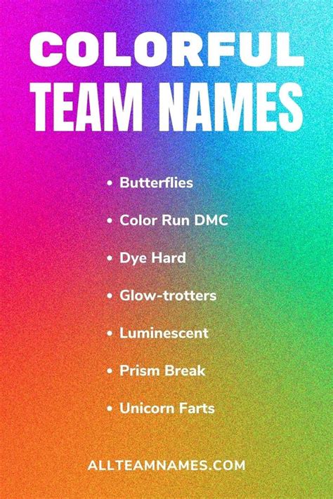 List Of Colorful Team Names With White Text Over Rainbow Colored