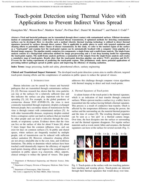 Pdf Touch Point Detection Using Thermal Video With Applications To Prevent Indirect Virus Spread