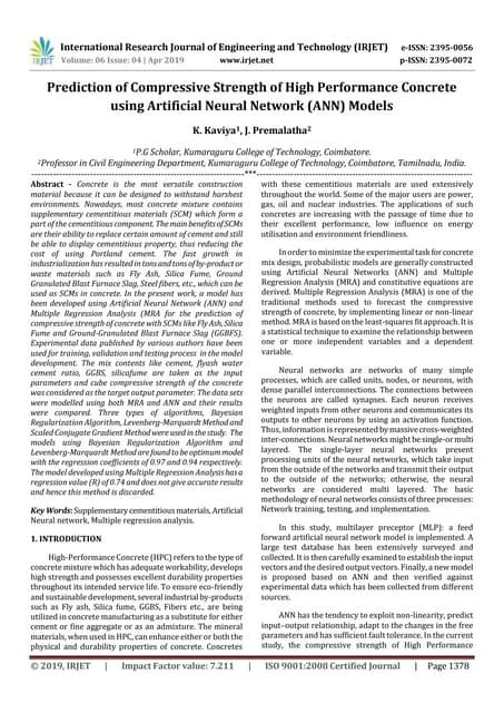 Irjet Prediction Of Compressive Strength Of High Performance Concrete Using Artificial Neural