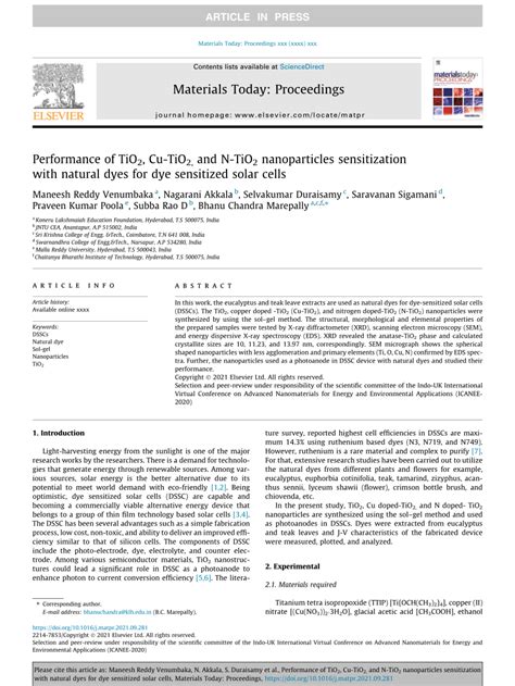 PDF Performance Of TiO2 Cu TiO2 And N TiO2 Nanoparticles Sensitization With Natural Dyes For