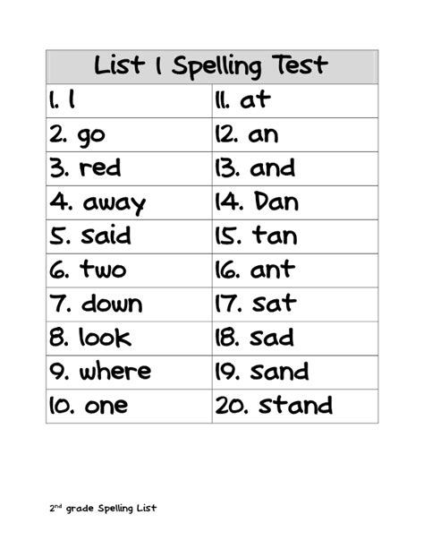 2nd Grade Spelling Words Printable