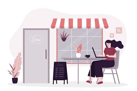 사업가는 길거리 카페의 테이블에 앉아 노트북으로 작업하고 있다 모닝 커피와 일 레스토랑이나 코워킹에 앉아 있는 똑똑한 프리랜서 원격 작업 현대 기술 가상현실에 대한 스톡