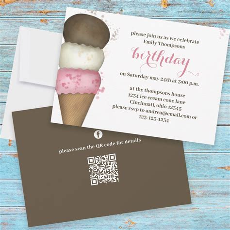 Cute Watercolor Ice Cream Cone Birthday Qr Code Invitation Zazzle