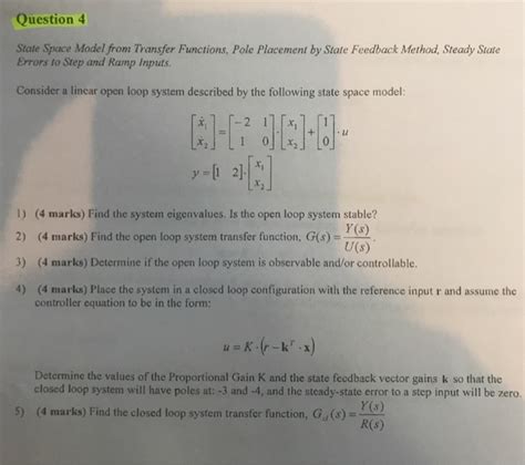 Solved Question 4 State Space Model From Transfer Functions Chegg Com