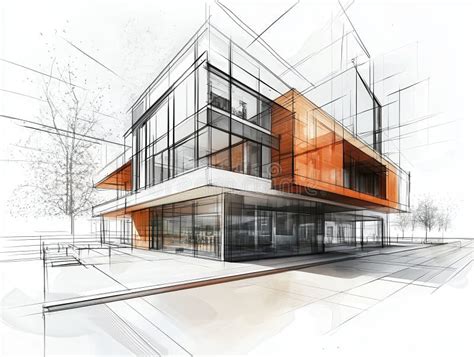 Modern Architectural Sketch Of A Vibrant Building Design Showcasing A Fusion Of Glass And