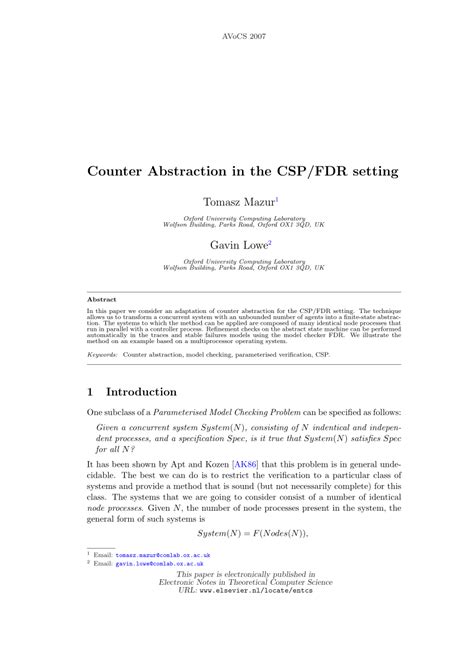 Pdf Counter Abstraction In The Cspfdr Setting
