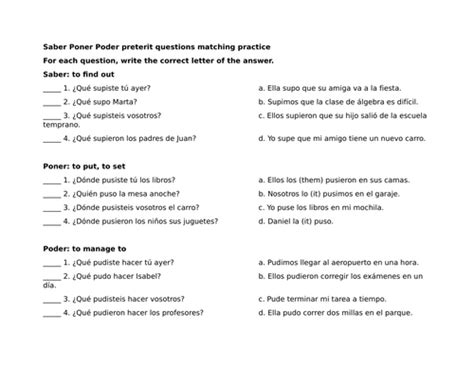 Saber Poner Poder Preterit Questions Matching Practice Teaching Resources