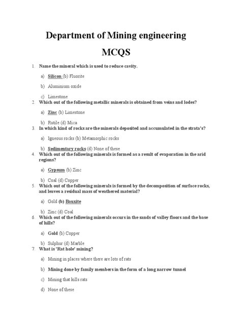 Department Of Mining Engineering Mcqs B Fluorite Pdf Rock