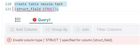 Invalid column type [`STRUCT`] specified for column - Dremio