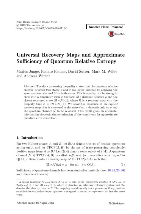 Pdf Universal Recovery Maps And Approximate Sufficiency Of Quantum Relative Entropy
