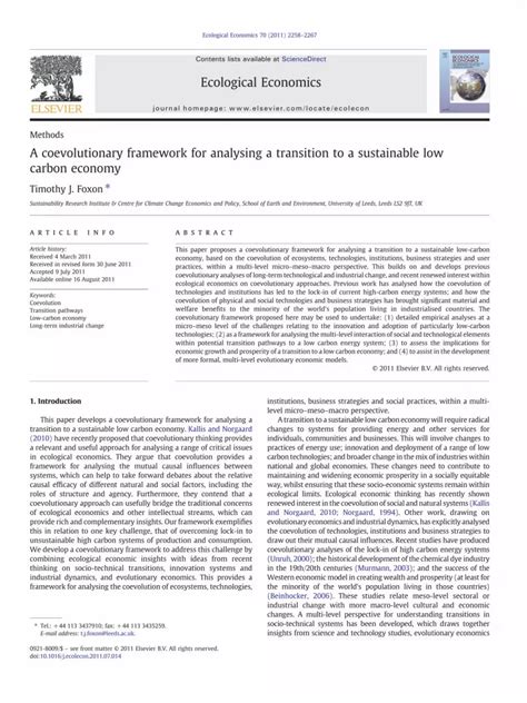 PDF A Coevolutionary Framework For Analysing A Transition To A Sustainable Low Carbon Economy