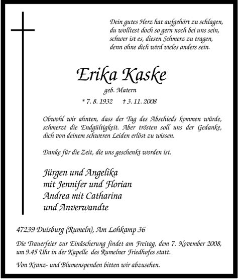 Traueranzeigen Von Erika Kaske Trauer In Nrw De