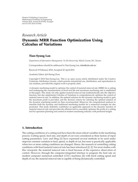 Pdf Dynamic Mrr Function Optimization Using Calculus Of Variations