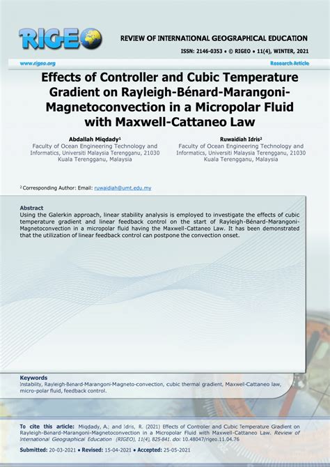 Pdf Effects Of Controller And Cubic Temperature Gradient On Rayleigh Bénard Marangoni