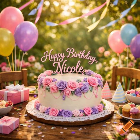 A Beautiful Birthday Cake Decorated With Pink And Purple Roses Topped