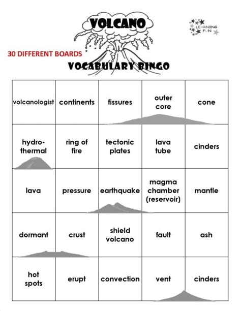 Volcanoes Vocabulary Bingo With Bonus Word Search By Learning Fun
