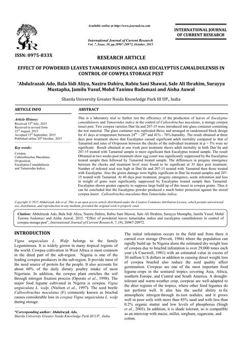 Pdf Effect Of Powdered Leaves Tamarindus Indica And Eucalyptus Camaldulensis In Control Of
