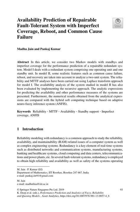 pdf availability prediction of repairable fault tolerant system with